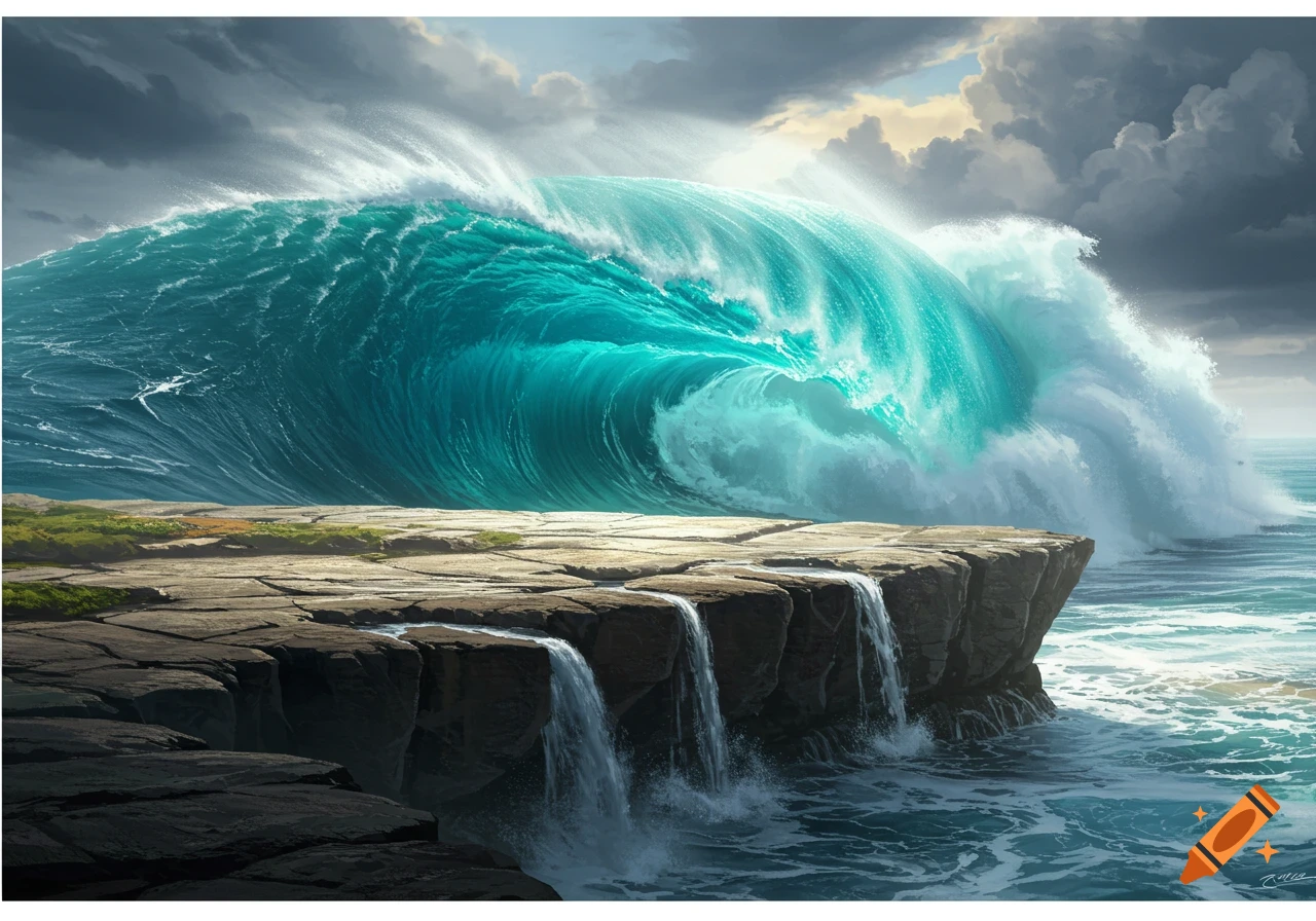 A huge turquoise tidal wave crashes against a rugged wave-cut platform ...