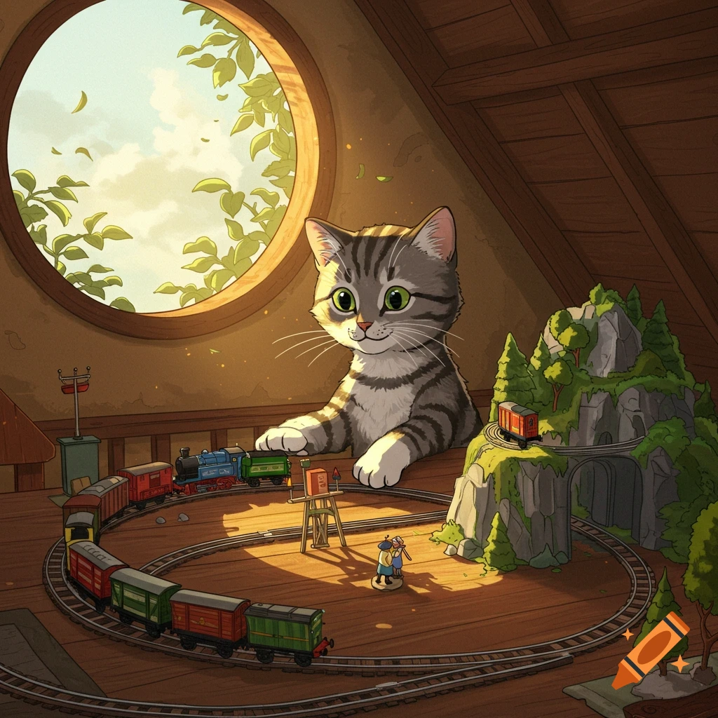 A giant, fluffy cat playfully observes a miniature toy train set on a ...