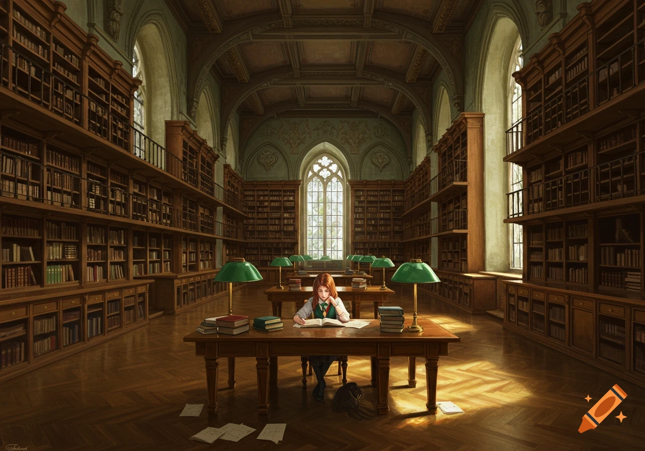 A person with red hair studies at a wooden desk in a grand, high ...