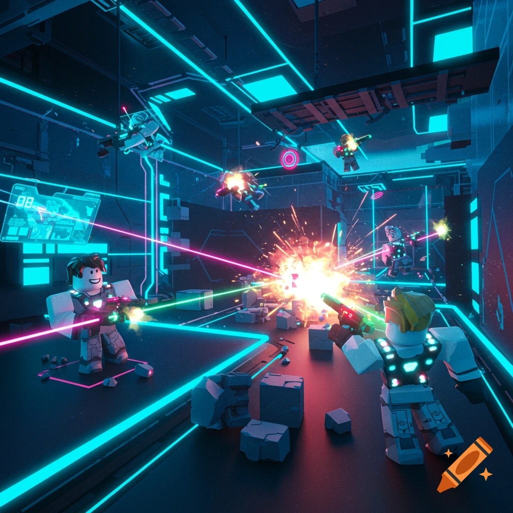Roblox-style characters battle with laser guns in a neon-lit futuristic ...