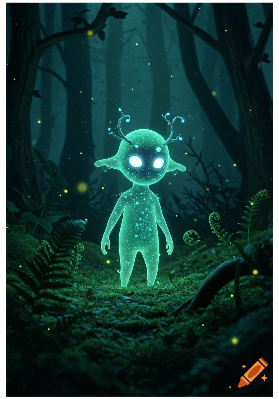 A glowing green ethereal forest spirit with bright eyes and antlers ...