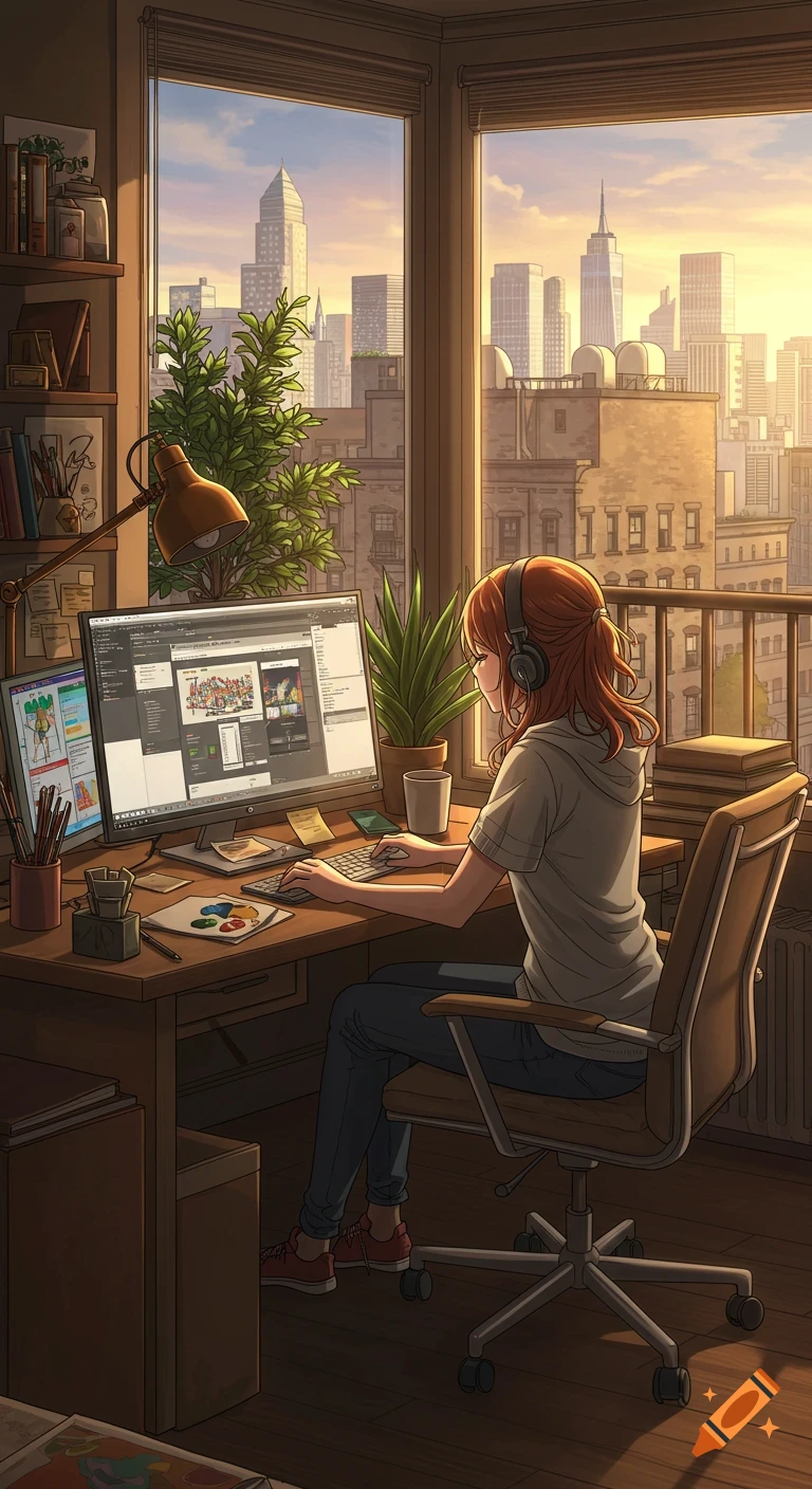 Anime illustration of a young woman coding on a computer at her desk in a luxury apartment ...
