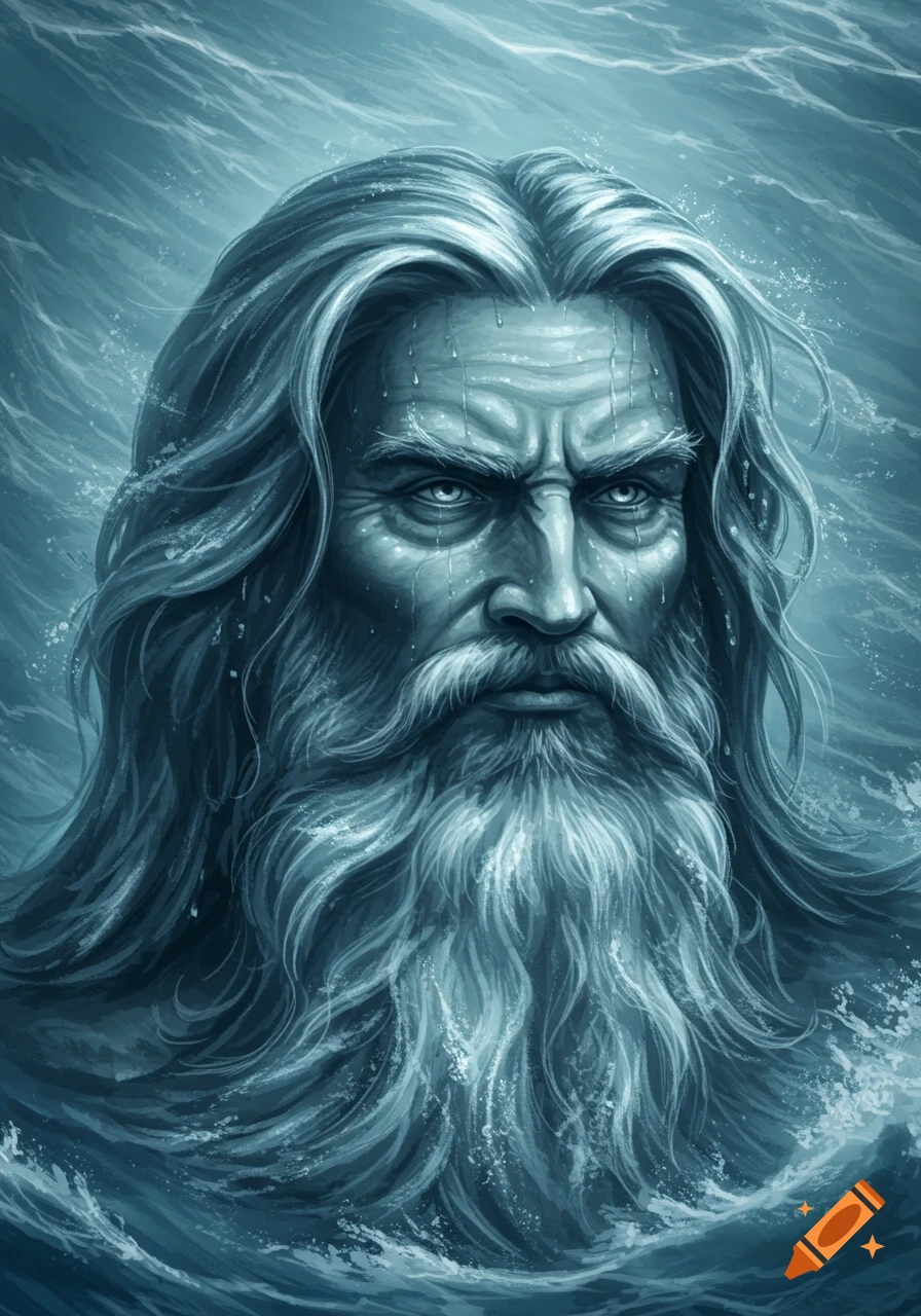 Digital painting of a stern, bearded sea god with long hair, emerging ...