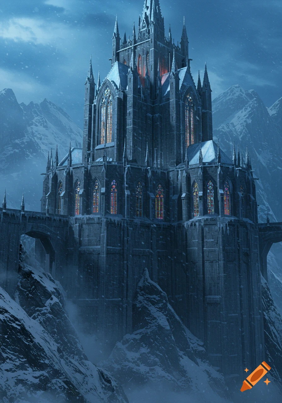 Massive gothic and brutalist fortress on a snowy mountain peak under a ...