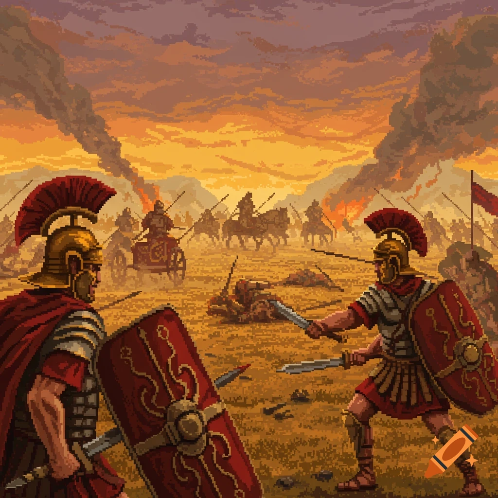 Pixel art depicting a Roman battle scene at sunset with soldiers ...