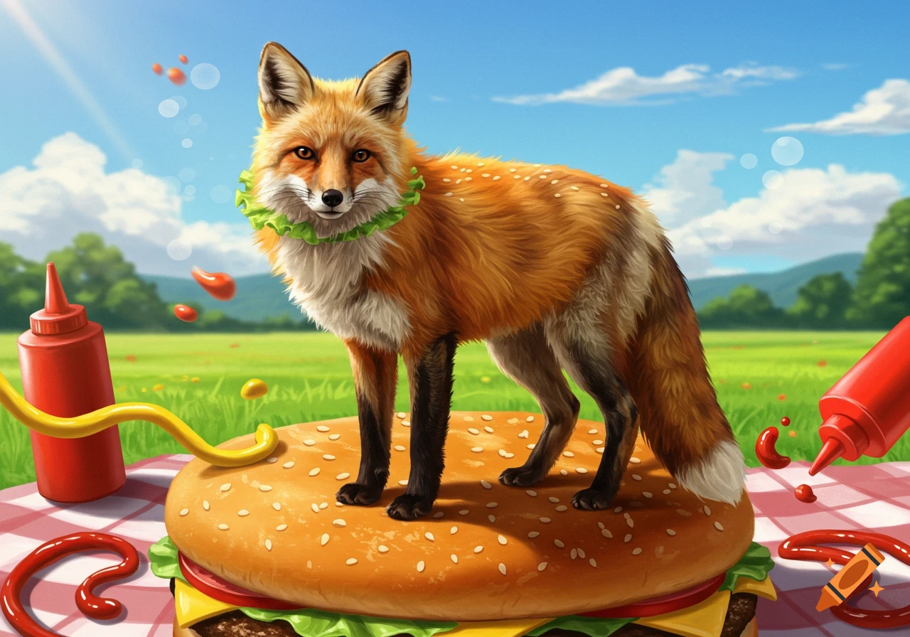 A vibrant illustration of a fox wearing a lettuce frill, standing on a ...