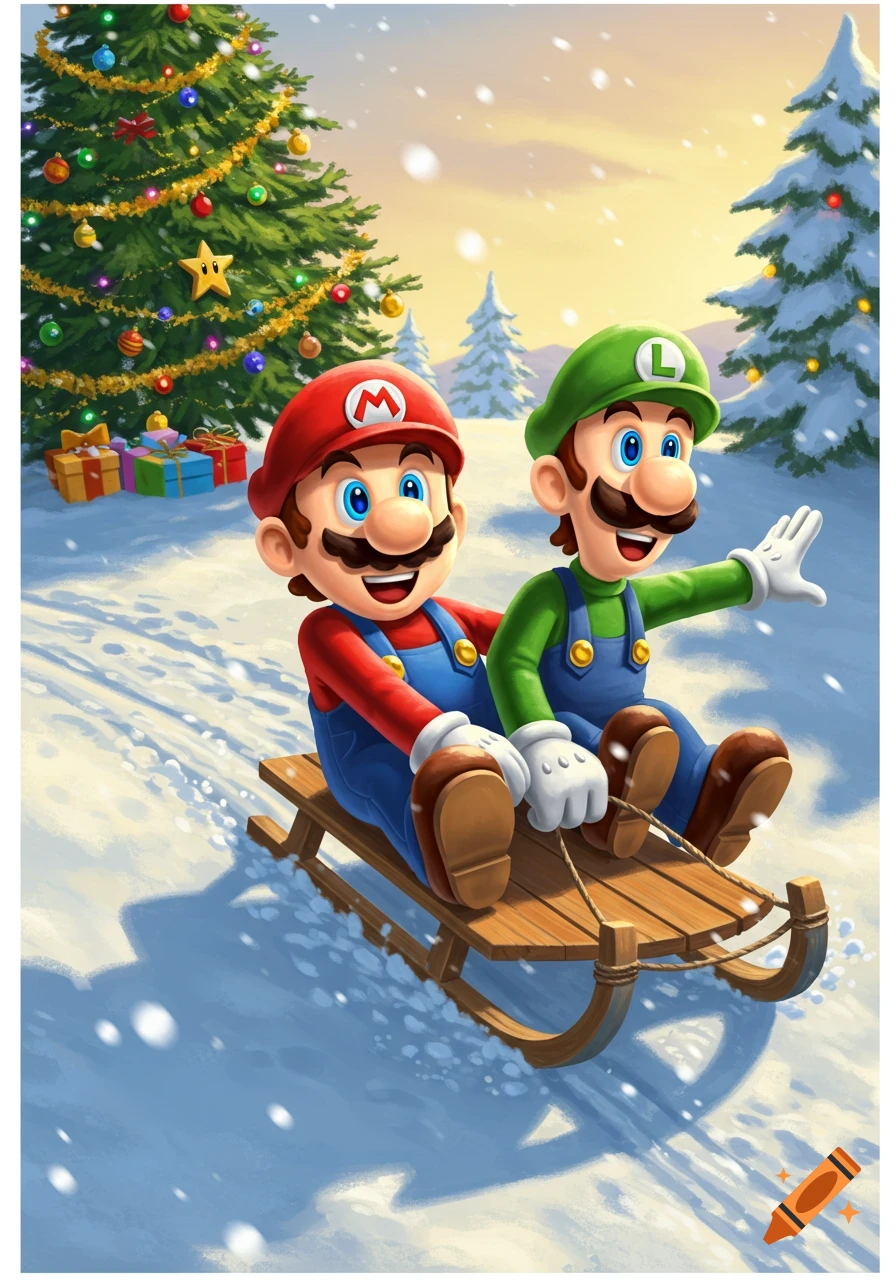 Mario and Luigi happily sledding down a snowy hill with a decorated ...