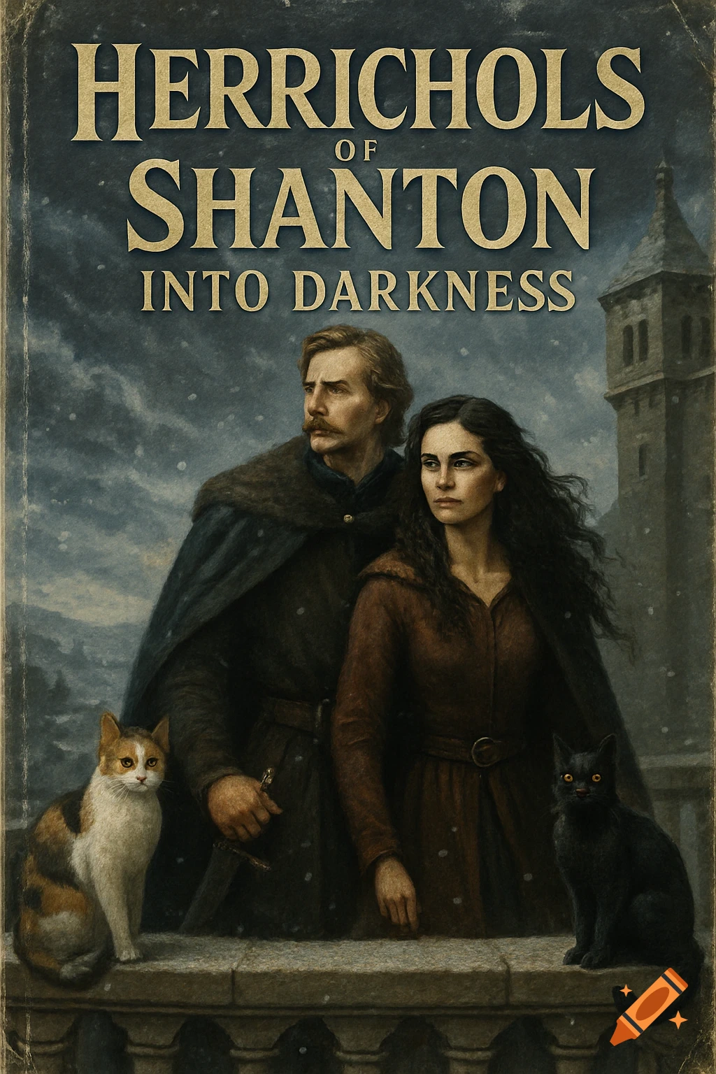 Vintage-style painting of a man, woman, and two cats on a castle ...