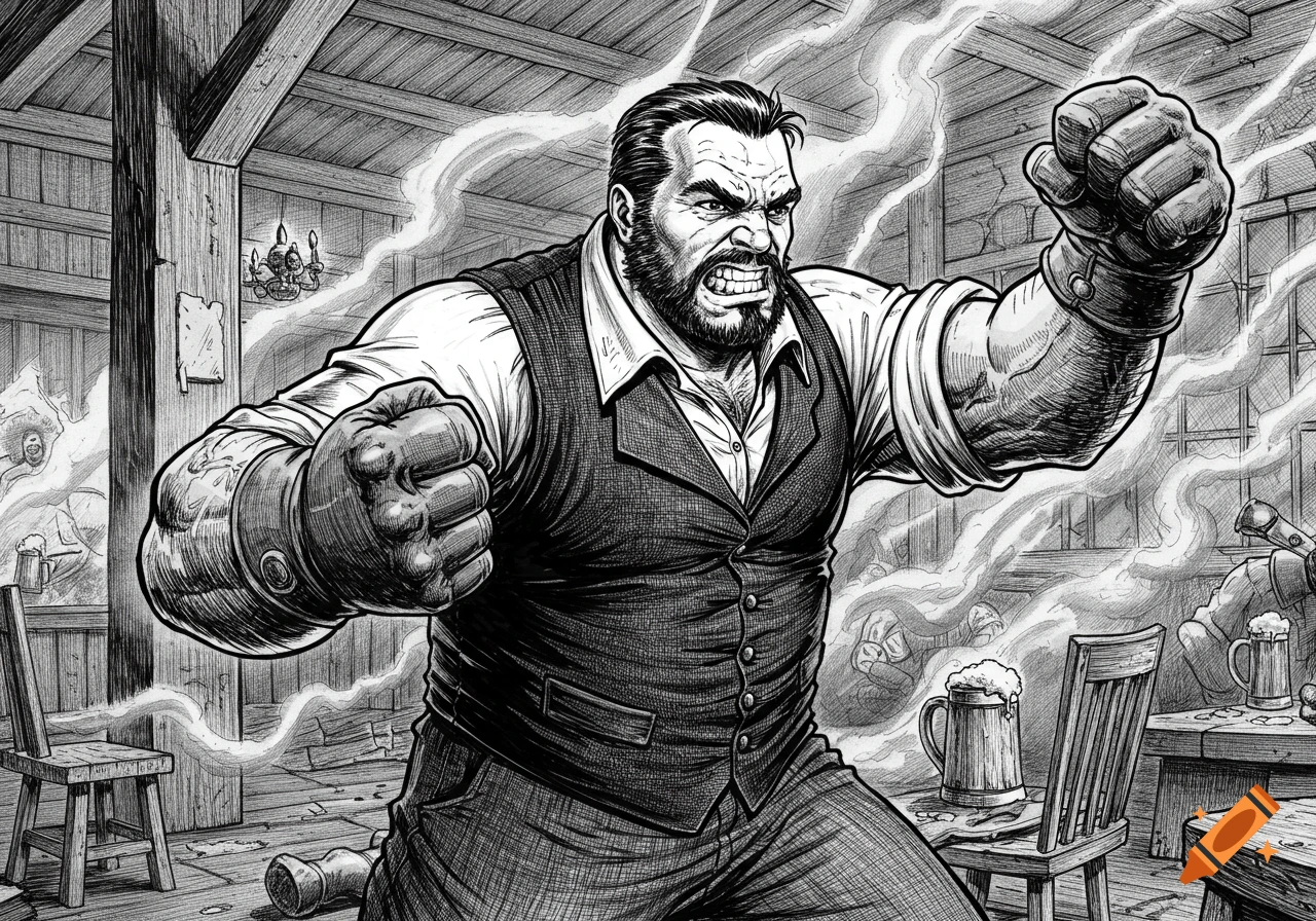 Enraged Victorian brawler, a muscular man, throws a punch amidst smoke ...