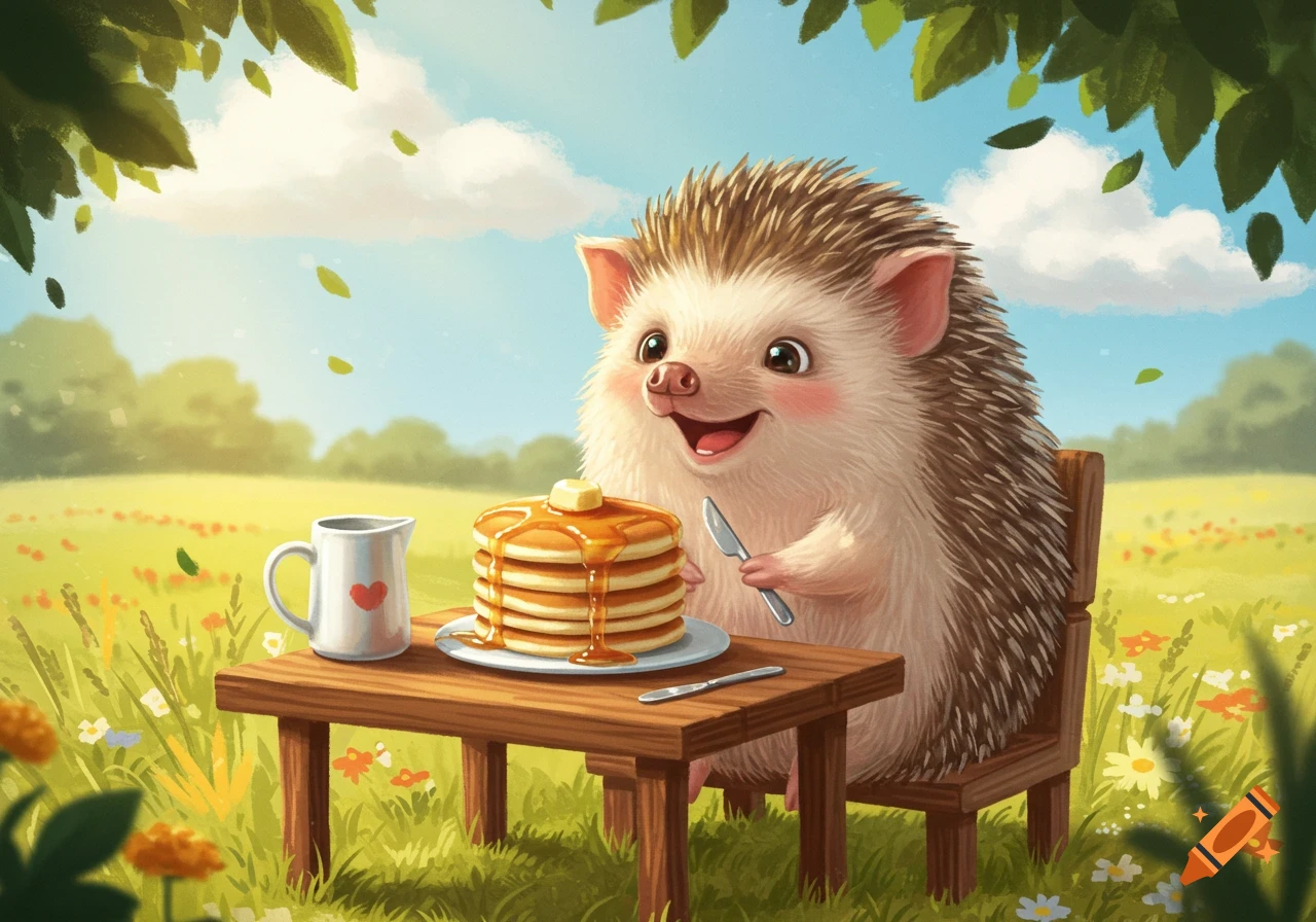 A smiling cartoon hedgehog at a wooden table in a sunny field, holding ...