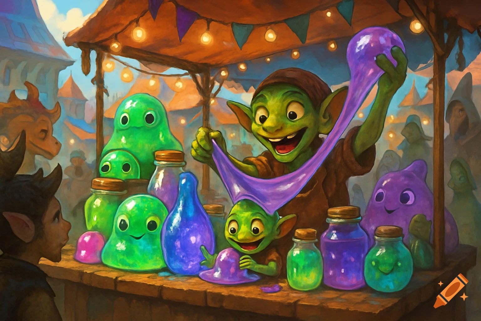 A cheerful green goblin merchant stretches purple slime at a fantasy ...