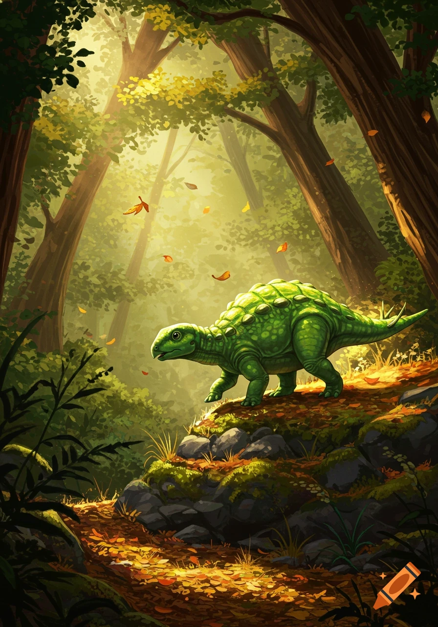 A small, cute green dinosaur with armored plates walks on a rocky path ...