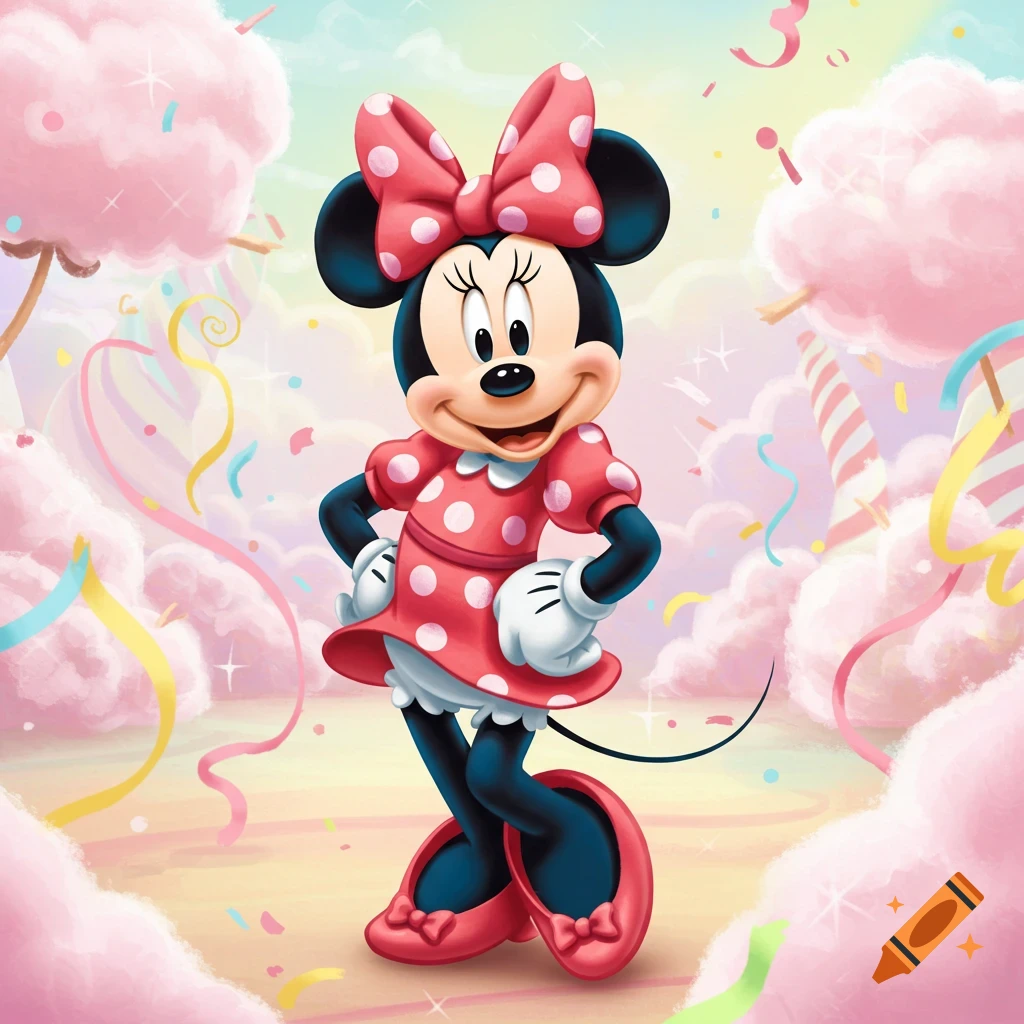 Minnie Mouse in a polka dot dress poses in a whimsical pastel landscape ...