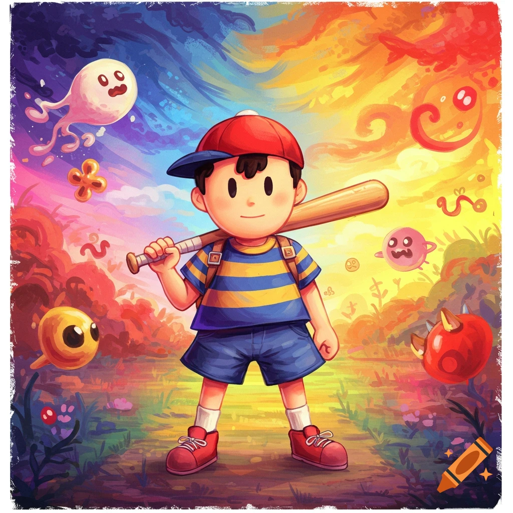 Cartoon boy Ness with a baseball bat, surrounded by whimsical creatures ...