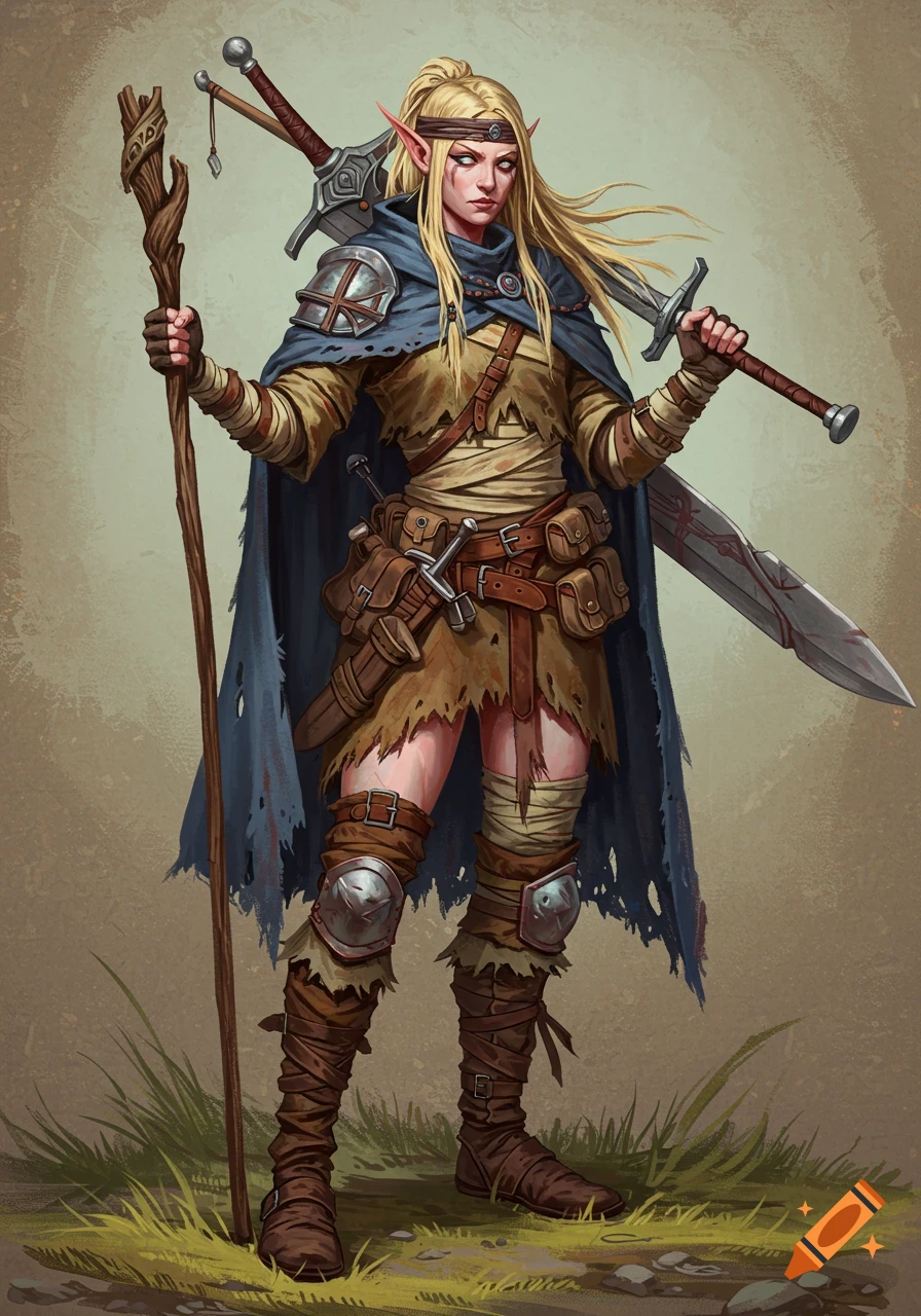Blonde elf warrior in tattered cloak and armor, holding a staff and ...