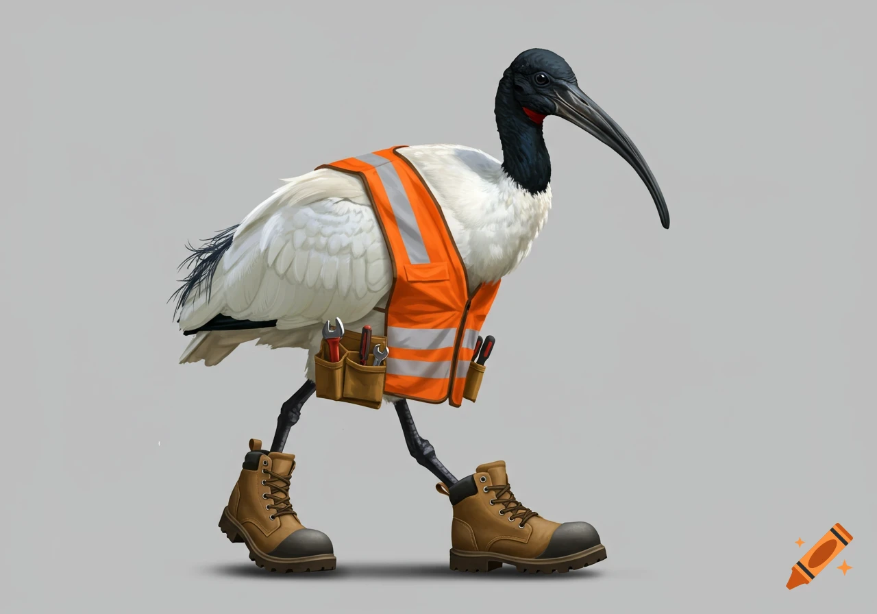 An ibis with a black head and long beak, wearing an orange safety vest ...