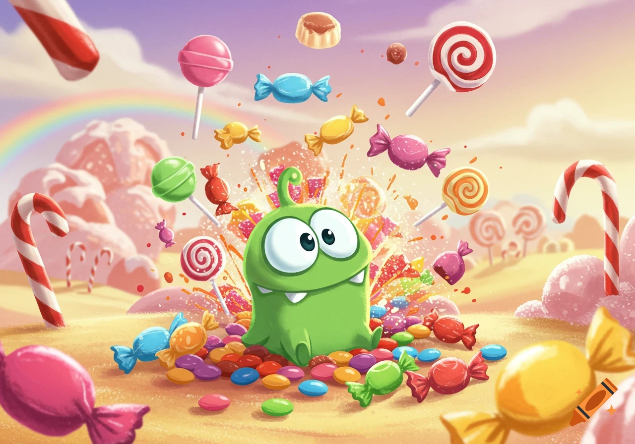 Om Nom, a green creature with big eyes and fangs, sits in a vibrant ...