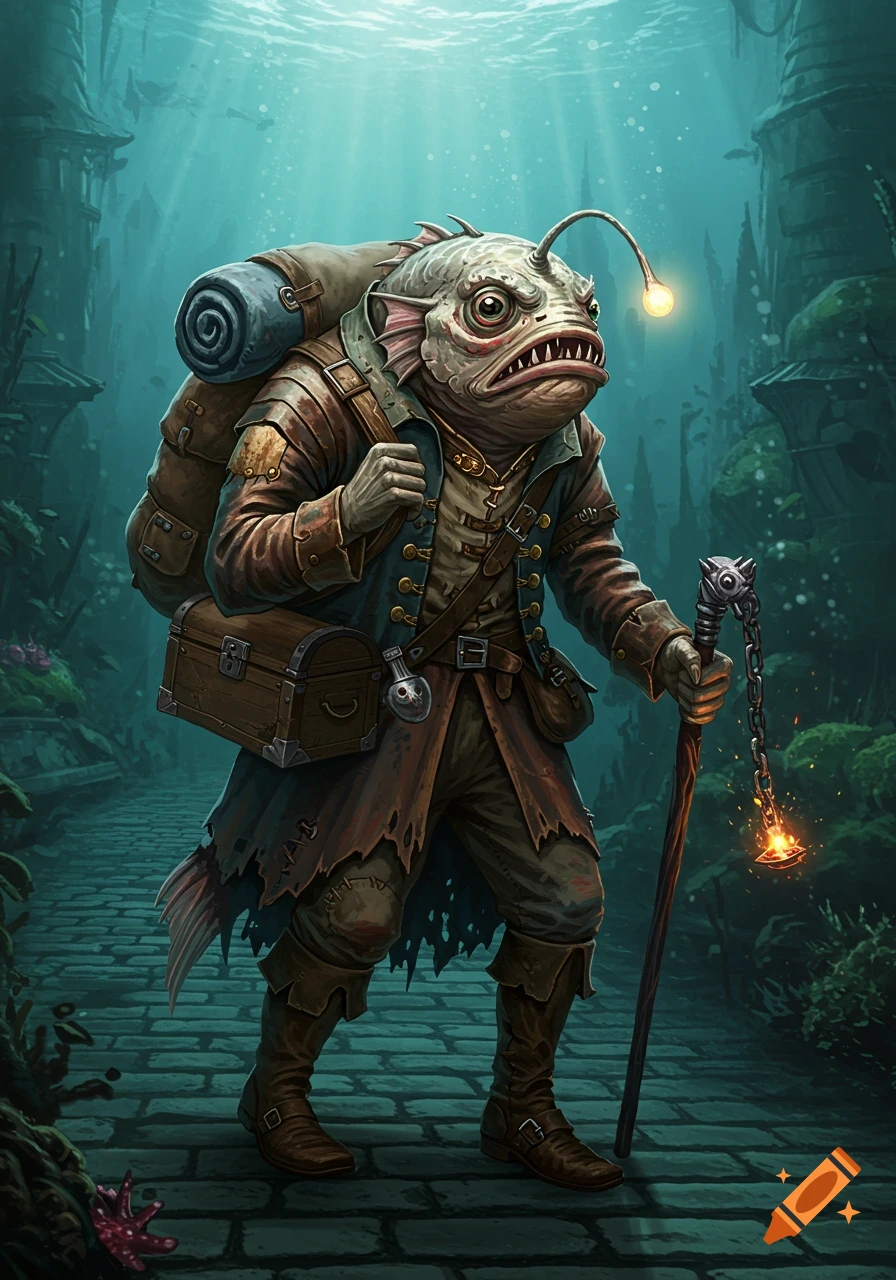A grumpy angler fish Locathah in worn fantasy clothes, carrying a ...