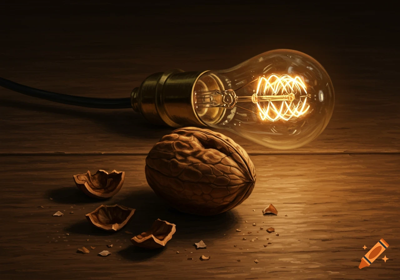 A glowing Edison light bulb lies next to a whole walnut and broken ...