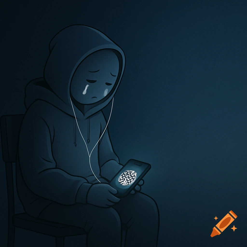 A sad, grey stick figure in a hoodie sits crying while looking at a ...