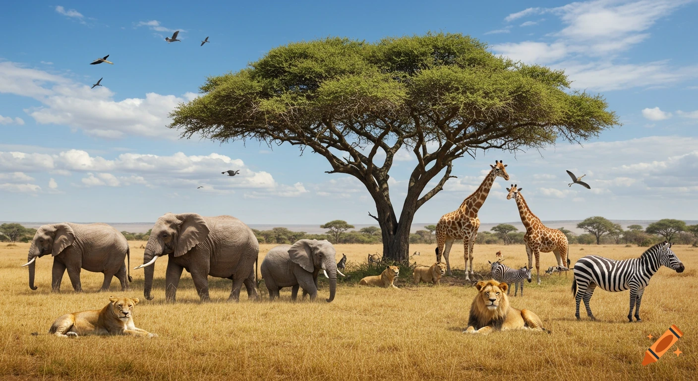 Photorealistic African safari scene with elephants, giraffes, zebras ...