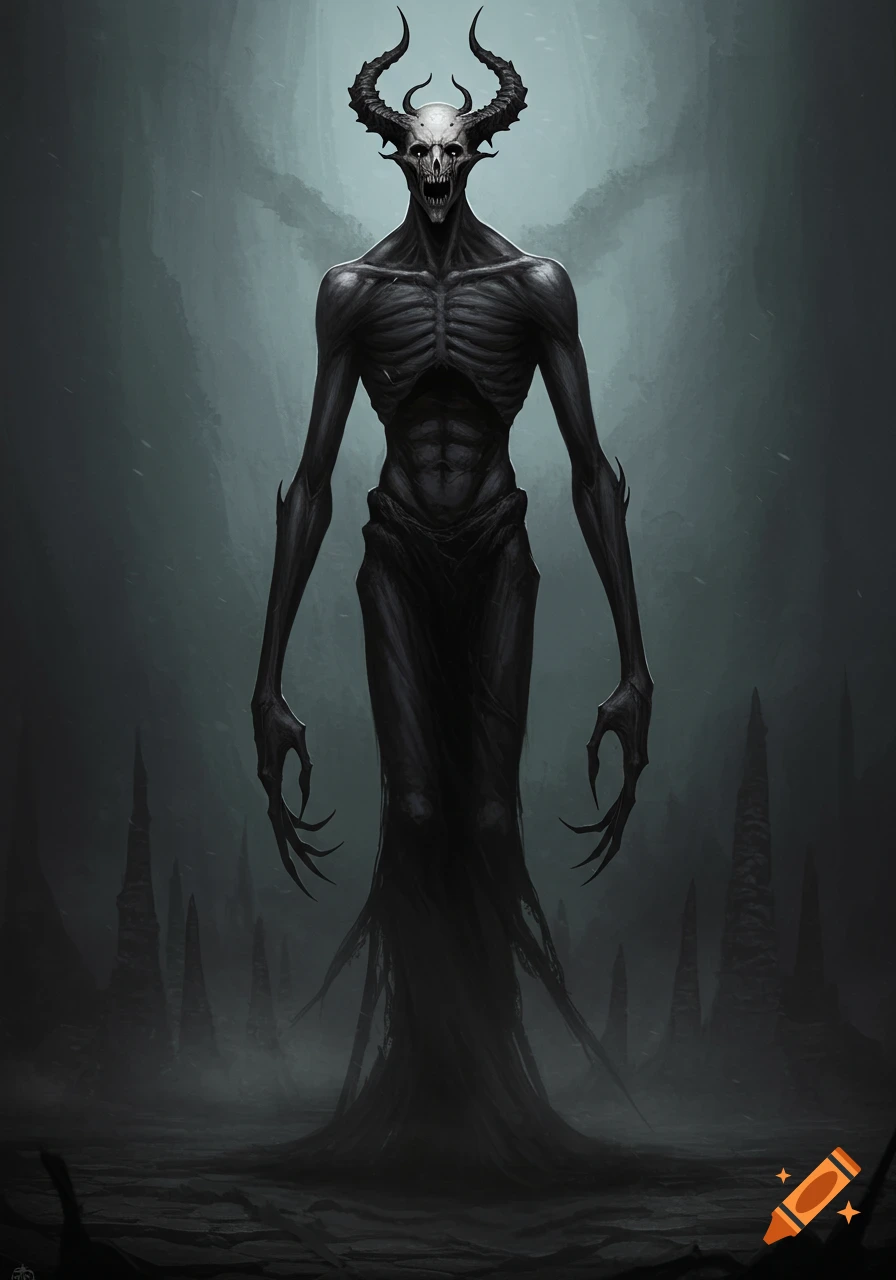 A gaunt, dark demon with a skeletal face, long horns, and clawed hands ...