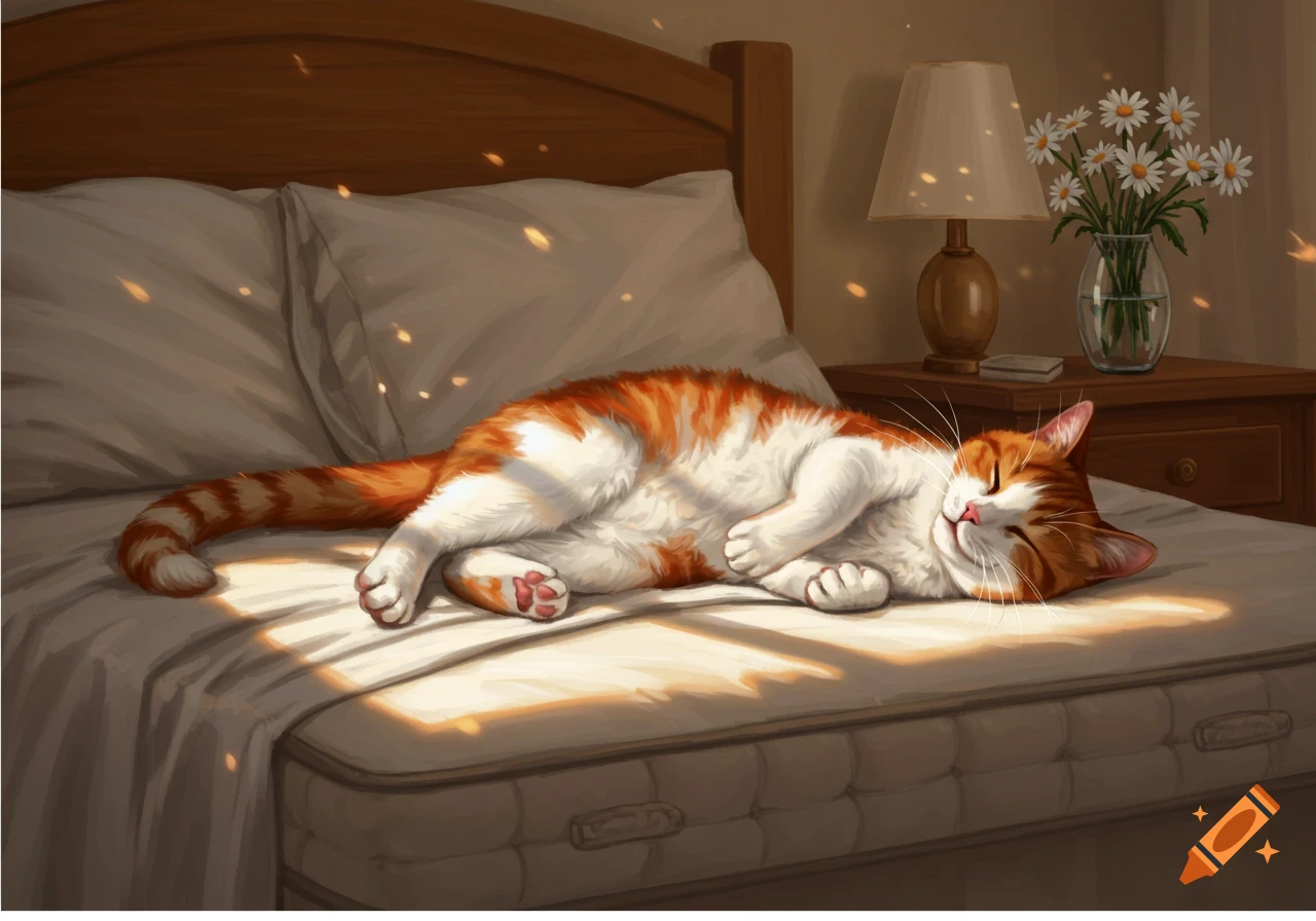An Orange And White Tabby Cat Sleeps Peacefully On A Bed Illuminated By Sunlight Filtering Into 0617