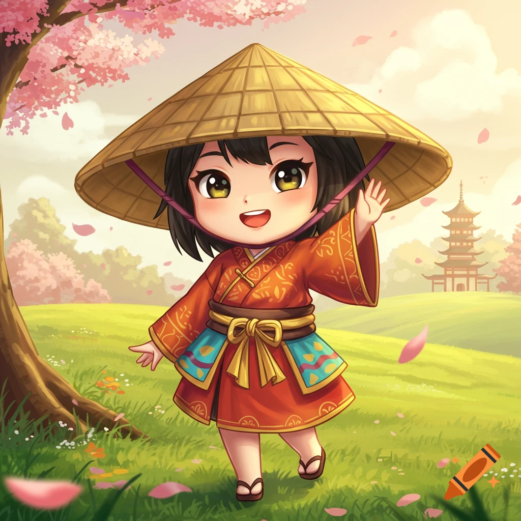 A smiling chibi-style Asian girl in a red kimono and bamboo hat waves ...