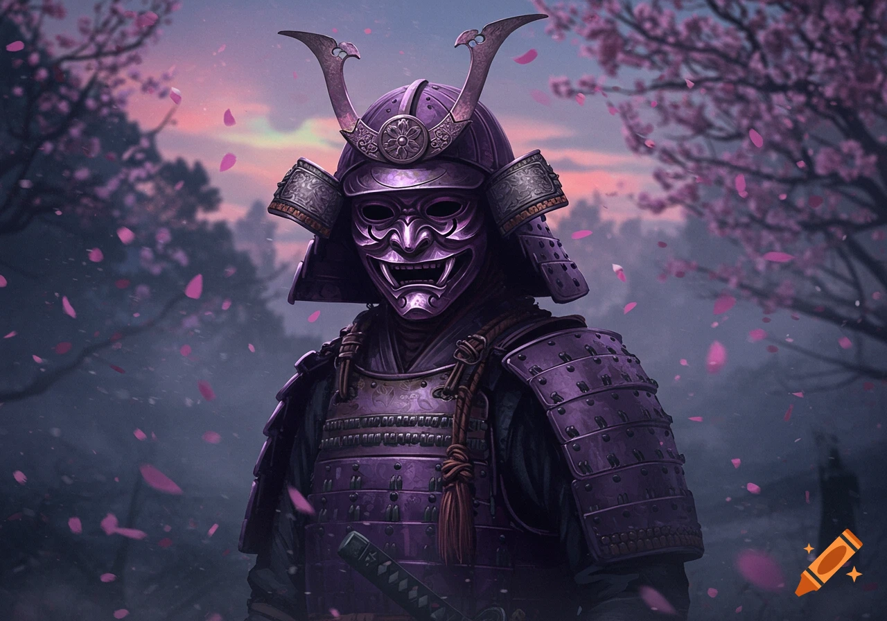 A samurai in detailed purple armor and a menacing hannya mask stands ...