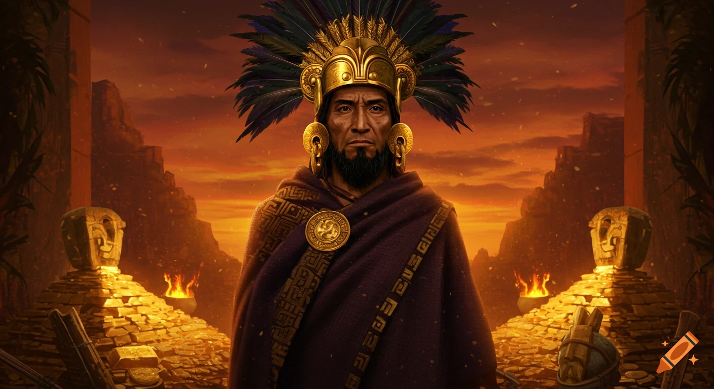 Dramatic digital painting of Atahualpa, the last Incan emperor, wearing ...