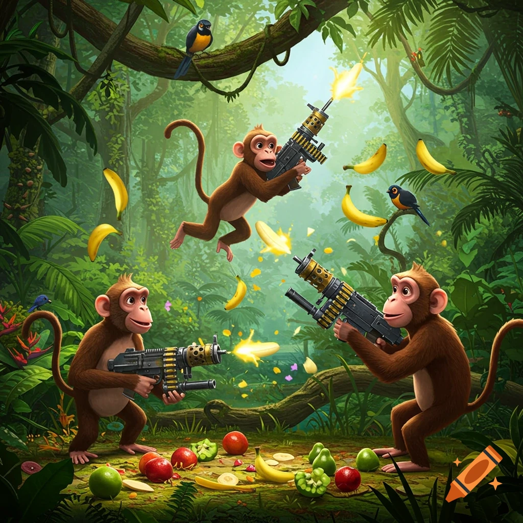 Cartoon monkeys with machine guns shooting bananas in a lush jungle ...