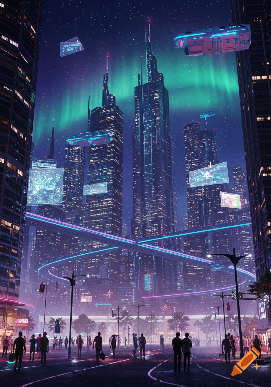 A vibrant, futuristic city at night, with towering skyscrapers, flying ...