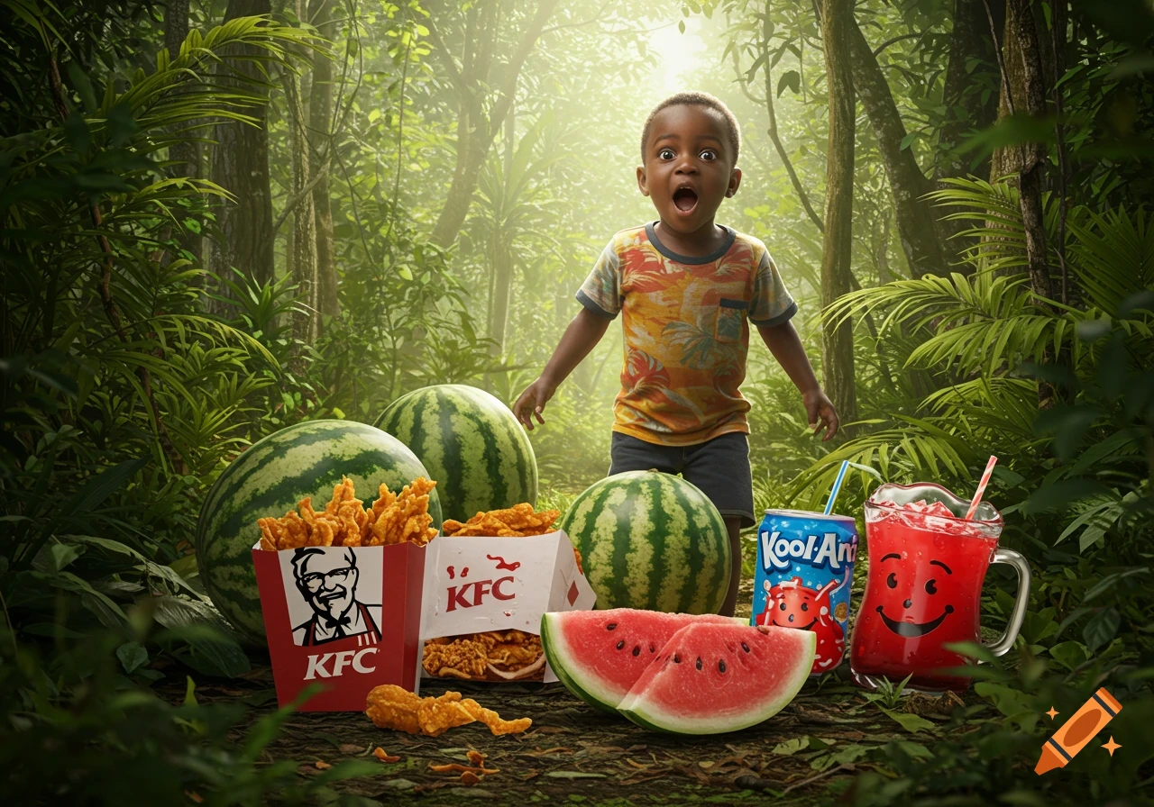 A young Black boy in a jungle stares open-mouthed, surrounded by KFC ...