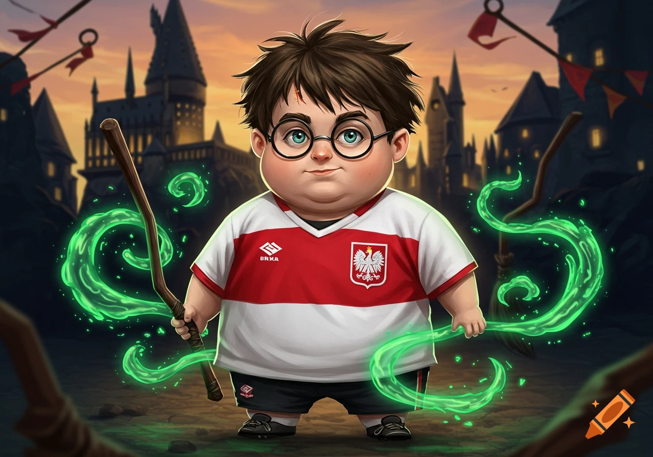 Chubby, cartoon-style Harry Potter character wearing glasses and a red ...