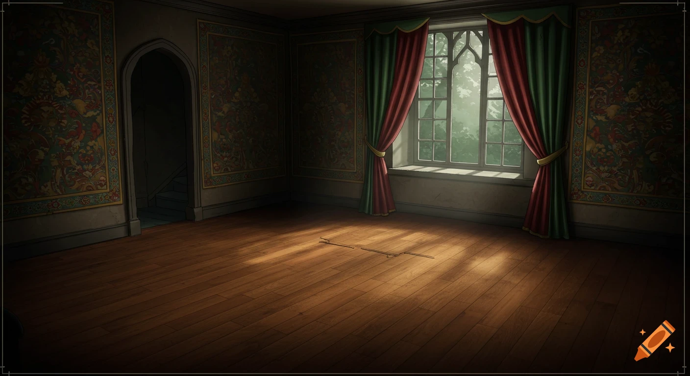 An empty gothic mansion room in cartoon style, with patterned ...