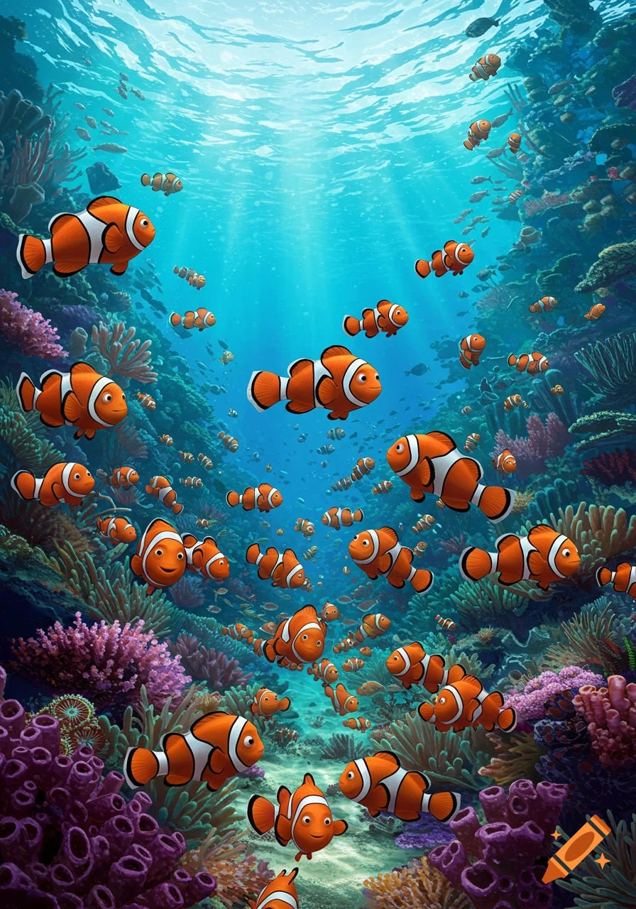 Numerous cartoon clownfish swim in a vibrant coral reef under bright ...
