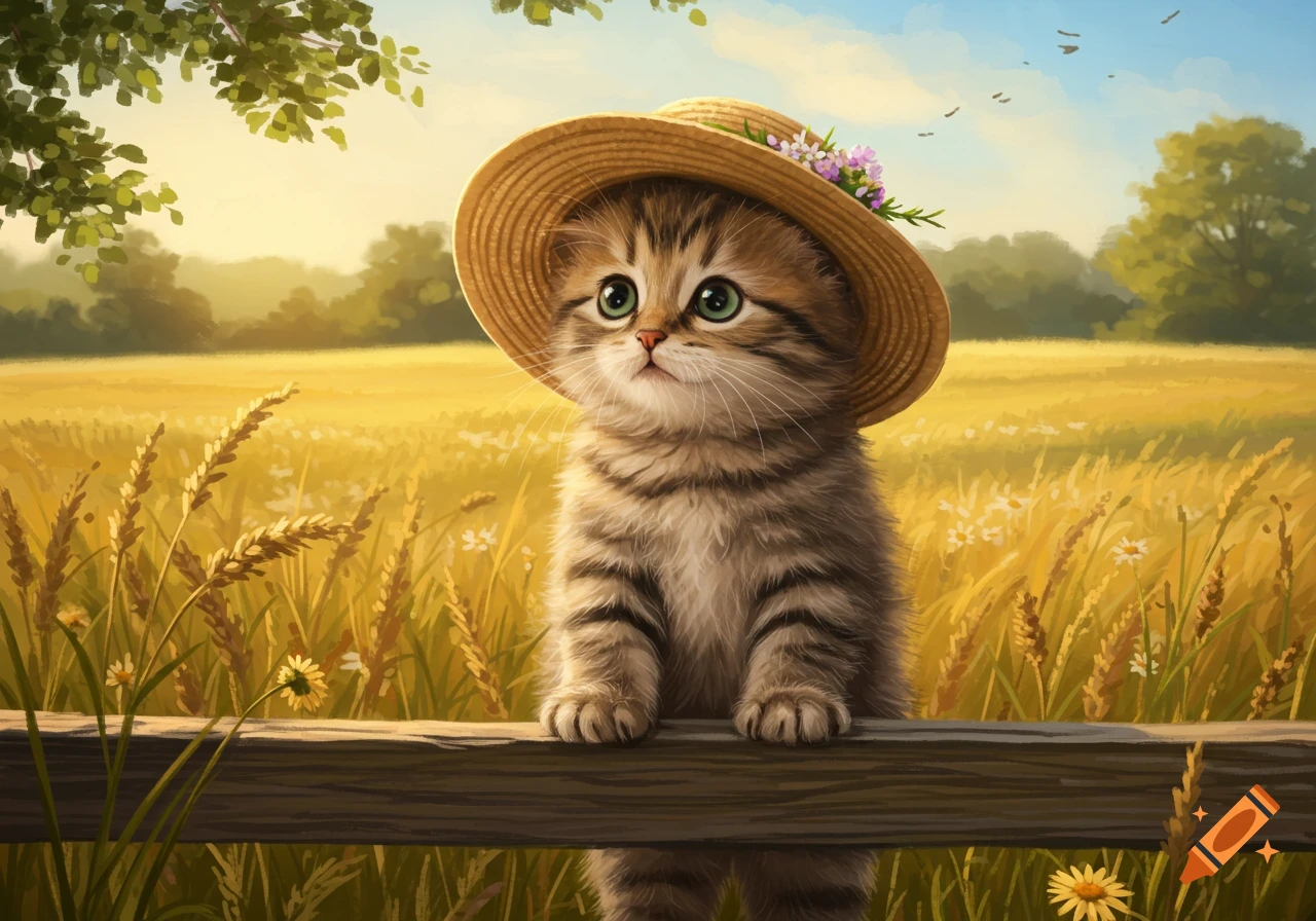 A cute tabby kitten with big green eyes wears a straw hat adorned with ...