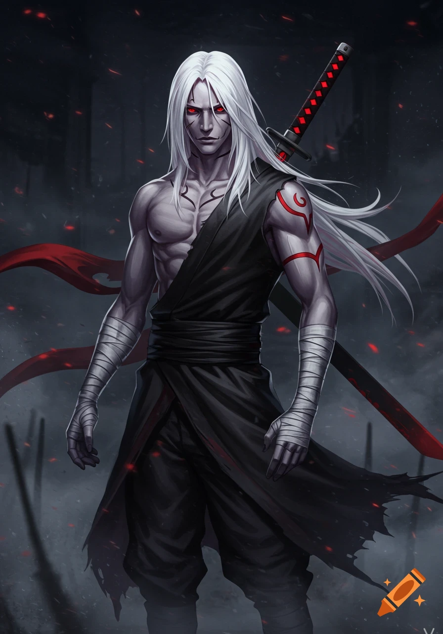Anime character with long white hair, red eyes, pale skin, wearing a ...