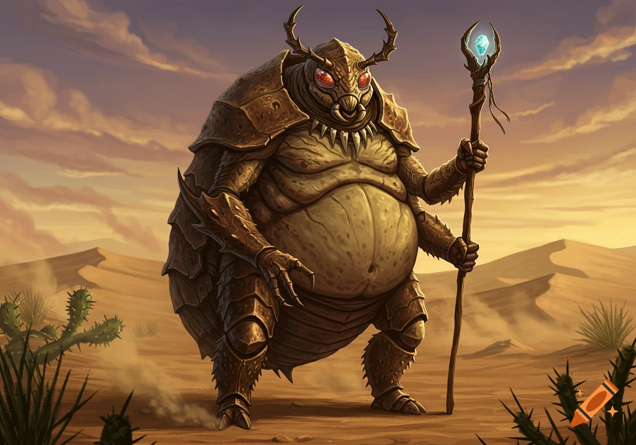 A fat, armored insectoid creature with red eyes and horns stands in a ...