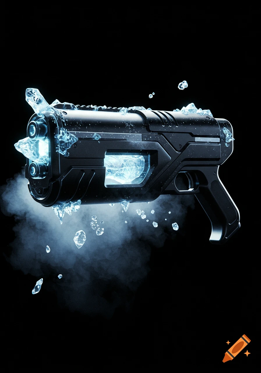 A jet black futuristic ice blaster weapon covered in glowing blue ice ...