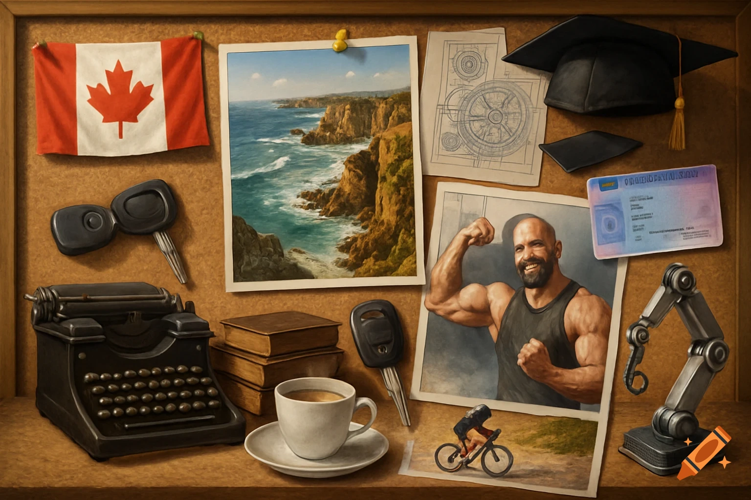 A highly detailed digital painting of a corkboard covered with photos ...