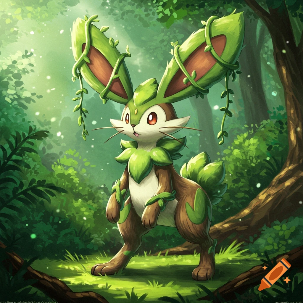 A grass-type rabbit Pokemon with large leafy ears and brown fur stands ...
