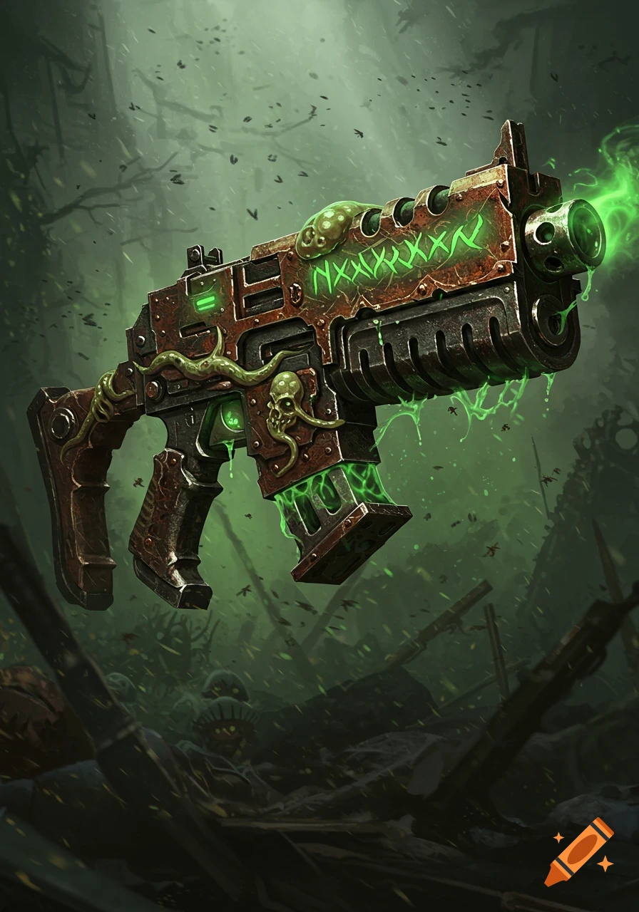 A dark, rusted, and bio-organic Nurgle bolter weapon from Warhammer 40k ...