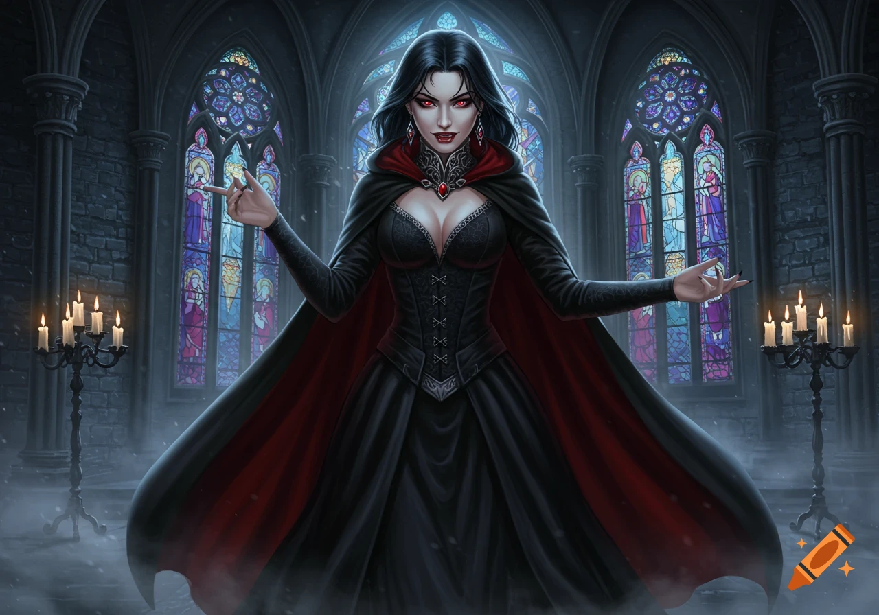 A stunning vampire queen with red eyes and fangs stands in a dark ...