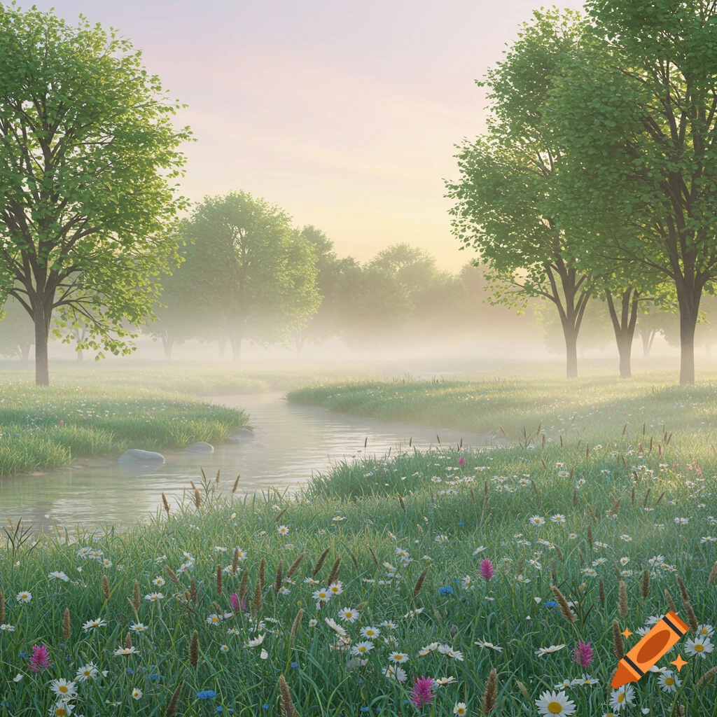 Misty light illuminates a serene meadow with a winding stream, green ...