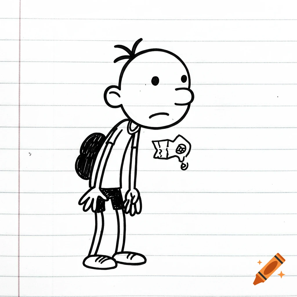 A black-and-white line drawing in Diary of a Wimpy Kid style shows a ...