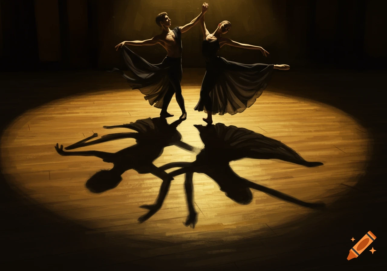 Two dancers in flowing dark costumes pose gracefully on a wooden stage ...