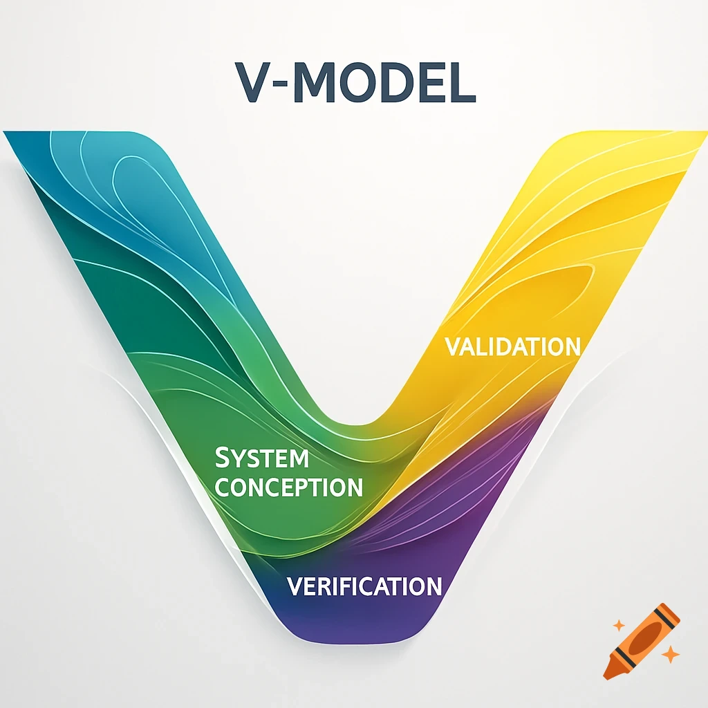 A modern V-model diagram with colorful flowing layers, illustrating ...