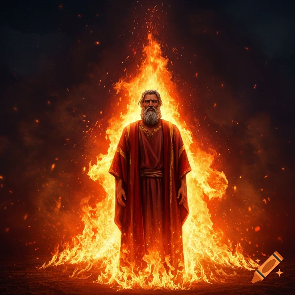 A bearded man in a red robe stands calmly in the center of a huge ...