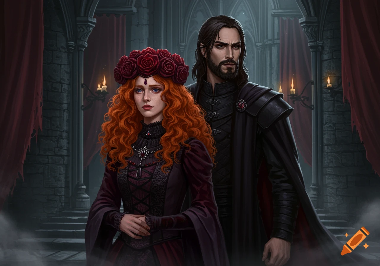 A ginger gothic queen with a rose crown stands alongside a brunette ...